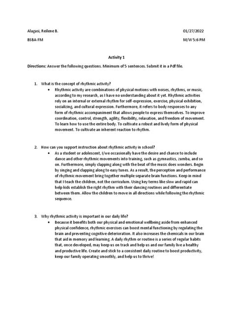 Activity 1 Directions Answer The Following Questions Minimum Of 5 Sentences Submit It In A