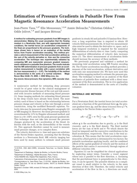 Magnetic Resonance In Med 2000 Tasu Estimation Of Pressure Gradients In Pulsatile Flow