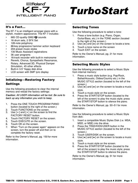 Roland Turbostart Kf 7 Quick Start Manual Pdf Download Manualslib