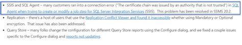 ssms 20 2 update resolves certificate chain not trusted with ssis and