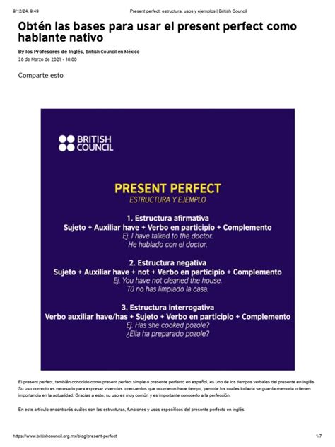 Present Perfect Estructura Usos Y Ejemplos British Council Pdf