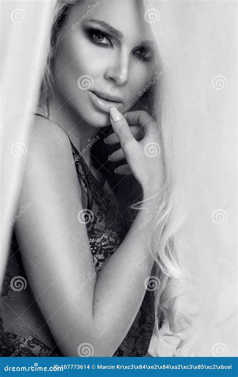 Beautiful Sexy Blonde Woman Model In Sensual Erotic Black Lingerie