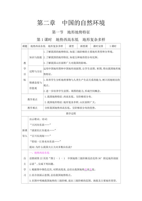 初中地理商务星球版八年级上册第二章 第一节 地形地势特征 教案表格式共2课时 21世纪教育网