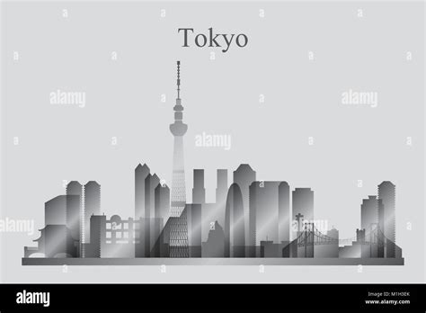 Tokyo City Skyline Silhouette In Grayscale Vector Illustration Stock