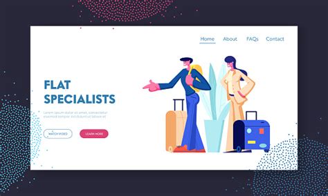 남자와 여자는 짐을가지고 서 있습니다 관광 행복 한 젊은 부부 임대 레저 여행 휴가를 위한 아파트를 검색 합니다 웹사이트 방문 페이지 웹 페이지 만화 평면 벡터 일러스트