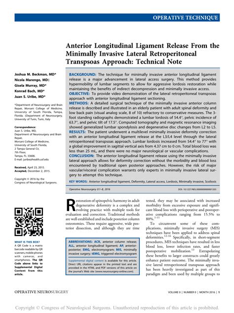 Pdf Anterior Longitudinal Ligament Release From The Minimally Invasive Lateral Retroperitoneal