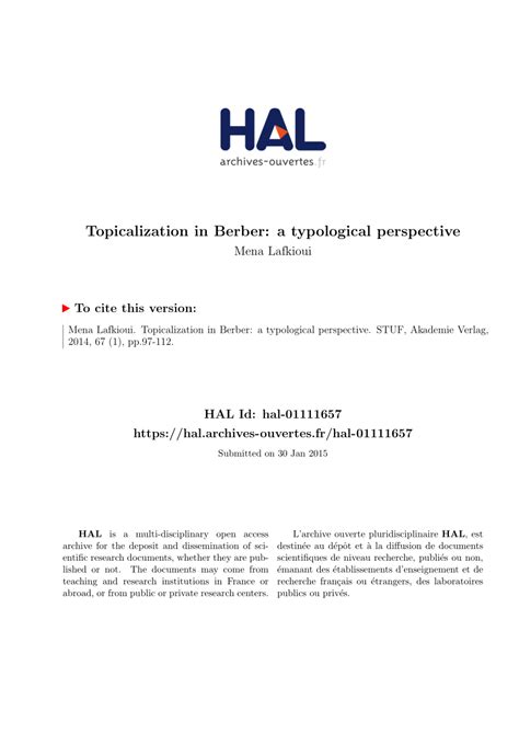 Pdf Topicalization In Berber A Typological Perspective