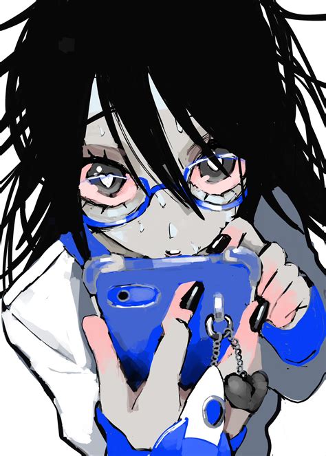 Safebooru 1girl Black Hair Black Nails Blue Framed Eyewear Cellphone