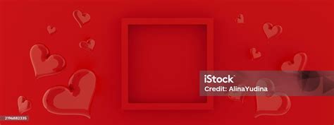 빨간 심장 축제 발렌타인 데이 배경 빨간 배경 배너 복사 공간에 텍스트를 위한 빨간 빈 프레임과 광택 풍선 하트 광고 디자인 포스터 카드 전단지를 위한 3d 일러스트레이션