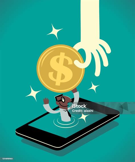 큰 손은 스마트 폰 화면에 켜작은 사업가에게 미국 달러 통화를주고있다 Brand Name Mobile Payment에 대한 스톡