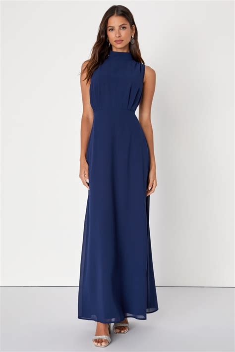 Navy Blue Dress A Line Mock Neck Dress Maxi Dress Lulus