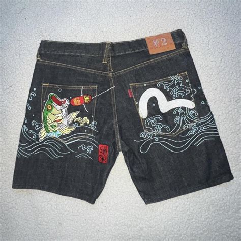 Evisu Embroidered Jean Shorts Dark Navy With A Koi Depop