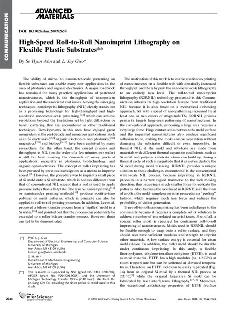 Pdf High Speed Roll To Roll Nanoimprint Lithography On Flexible Plastic Substrates