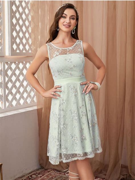 Floral Embroidery Mesh Overlay Dress Shein Usa