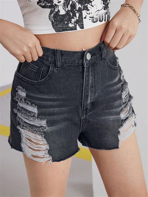Shein Teen Girls Y2k Solid Washed High Waist Ripped Baggy Denim Jeans