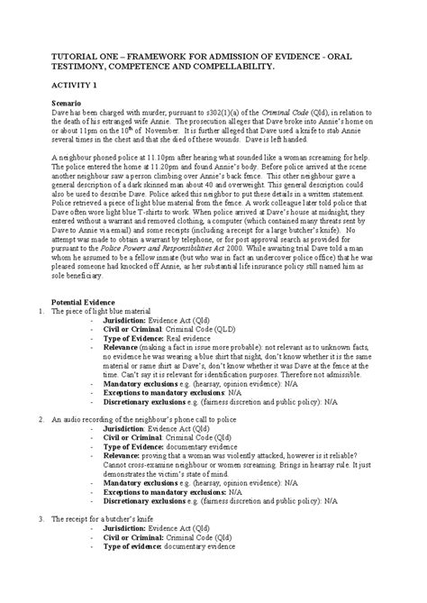 Tutorial Questions And Answers Evidence Tutorial One Framework For Admission Of Evidence