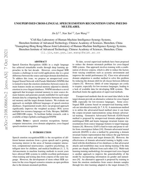 Pdf Unsupervised Cross Lingual Speech Emotion Recognition Using Pseudo Multilabel