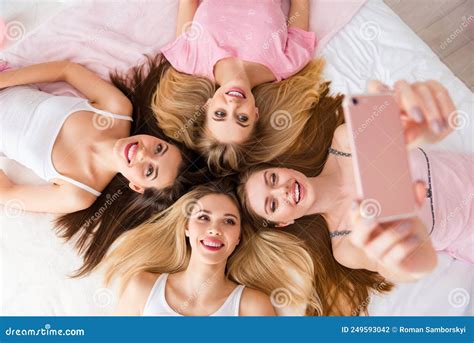 High Angle Top View Photo Of Pretty Sweet Young Ladies Nightwear Lying