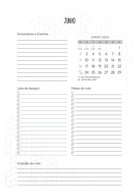 Agenda Junho Planner Xadrez Cinza Minimalista Fazendo A Nossa Festa