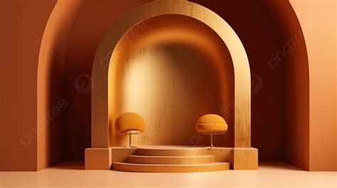 Lengkungan Emas Modern Dengan Tiga Kursi Emas Podium Mock Up 3d Di