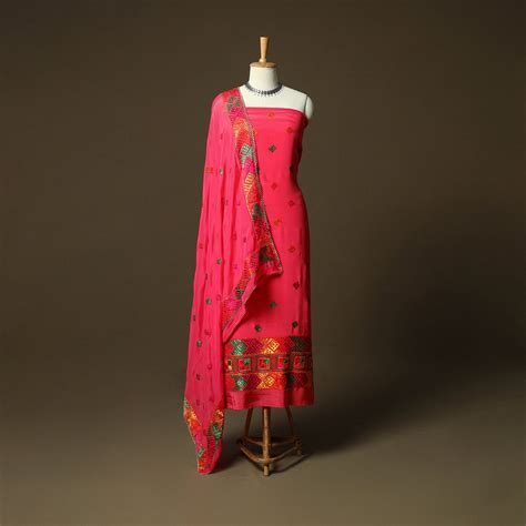 Phulkari Hand Embroidered Crepe Silk 3pc Unstitched Dress Material Suit Set