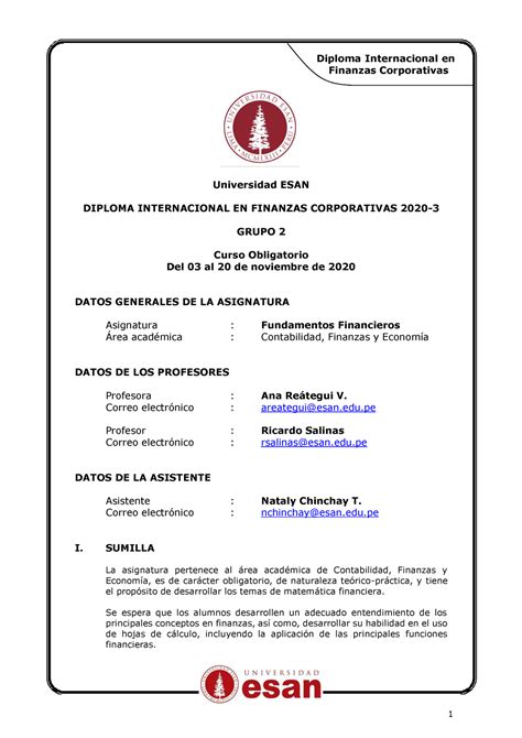 Silabo Fundamentos Finanzas Corporativas Universidad Esan Diploma