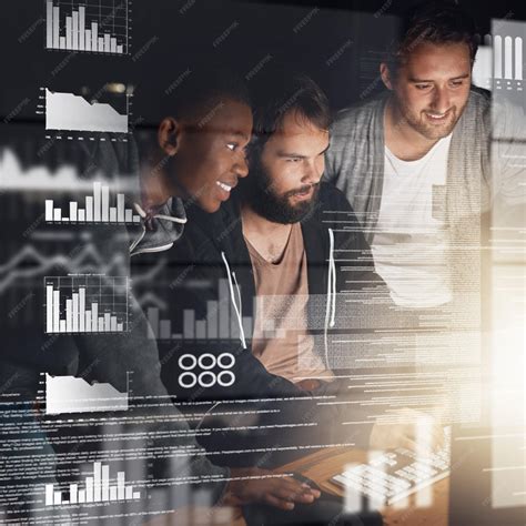 Premium Photo Software Development Overlay Man And Team With Computer At Night For Typing