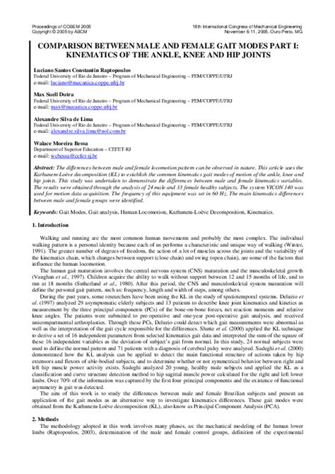 Pdf Comparison Between Male And Female Gait Modes Part I Kinematics Of The Ankle Knee And