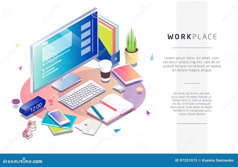 Isometric Concept Of Workplace With Computer And Office Equipment Stock Vector Illustration