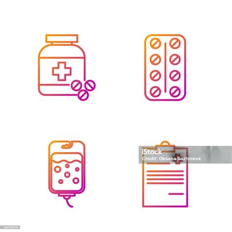 임상 기록 Iv 백 약 병 및 알약 및 물집 팩의 알약이 있는 세트 라인 의료 클립보드 그라디언트 색상 아이콘 벡터 0명에 대한 스톡 벡터 아트 및 기타 이미지 Istock