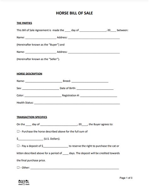 Bill Of Sale For Horse Template