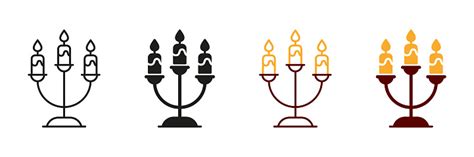 Candlestick Dengan Garis Lilin Menyala Dan Set Ikon Siluet Tempat Lilin Dengan Api Untuk Natal