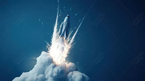 푸른 하늘을 배경으로 제트 연기를 내뿜는 신나는 3d 로켓 발사 연기 배경 미사일 배경 스타트업 배경 이미지 Hd 연기