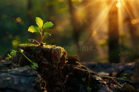 New Sprout Grows Out Of Old Stump Young Sprout On Old Tree In Morning Sunlight Environment