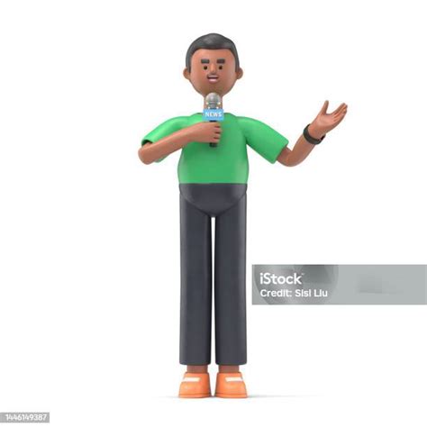 잘생긴 아프리카 남자 데이비드의 3d 그림 마이크를 손에 들고 뉴스 발표자 흰색 배경에 3d 렌더링 인터뷰 이벤트에 대한 스톡