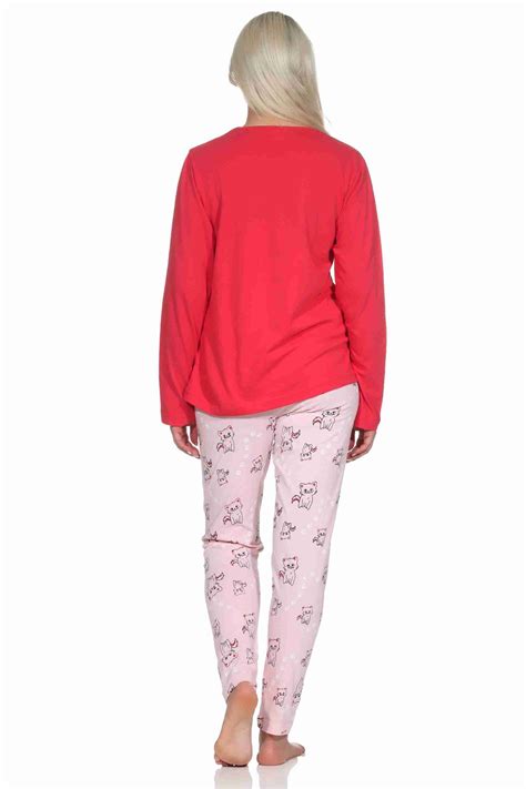 Süsser Damen Schlafanzug Lang Pyjama Mit Katzen Motiv Tag Und