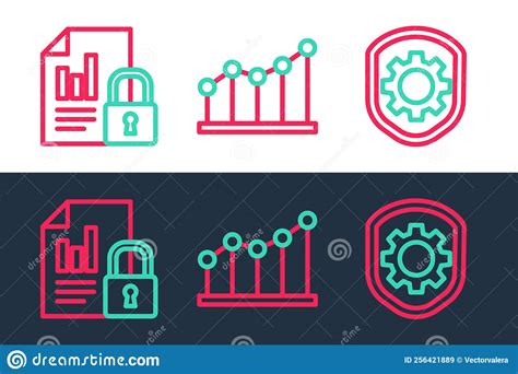 Set Line Shield With Settings Gear Document And Lock And Pie Chart Infographic Icon Vector