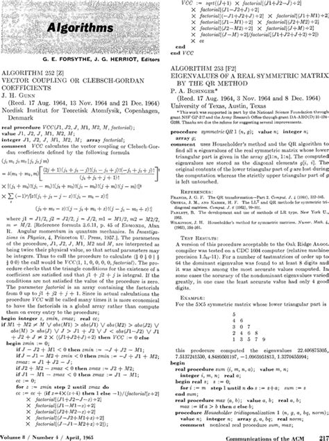 Algorithm 254 F2 Eigenvalues And Eigenvectors Of A Real Symmetric Matrix By The Qr Method