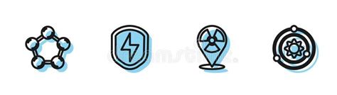 Set Line Radioactive In Location Molecule Secure Shield With Lightning And Solar System Icon