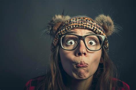 Premium Photo Woman Wearing Glasses And Hat Making Funny Face