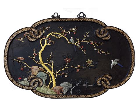 A Pair Of Large Chinese Precious Objects Inlaid Ruyi Shaped Panels
