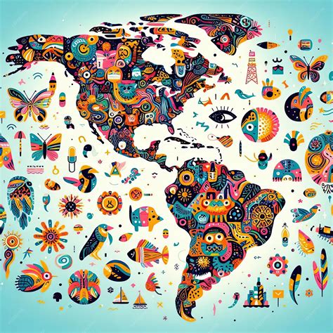 Illustration Map Of Latin America With Cultural Icons Representing Each