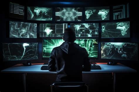 Premium Ai Image Male Hacker In A Room In Front Of Monitors