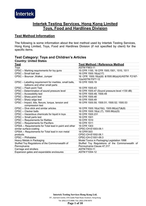 Intertek Testing Services Hong Kong Limited Toys Food