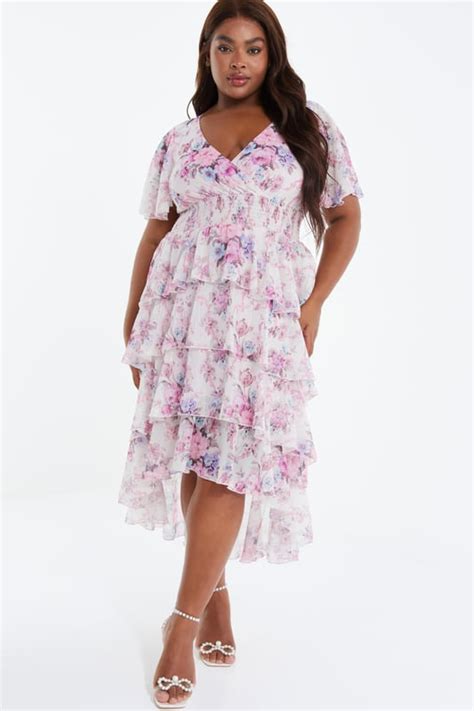 Curve Pink Chiffon Floral Dip Hem Tiered Midi Dress