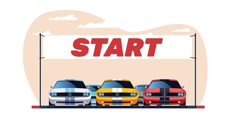 경주용 자동차가 출발선에서 경주 앞에 서 있습니다 다채로운 스포츠 레이싱 챔피언십 전문 운전 스포츠 대회 고속 운송 평면 절연 벡터 개념 Championship에 대한 스톡