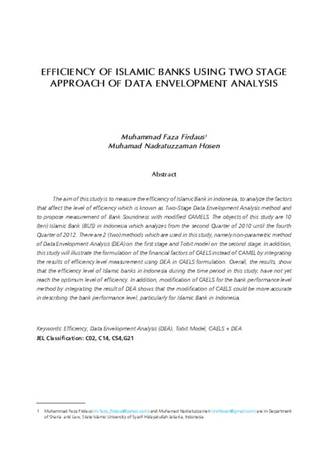 Pdf Efficiency Of Islamic Banks Using Two Stage Approach Of Data