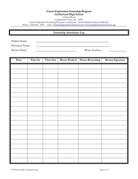 Internship Attendance Log Template