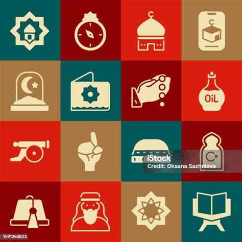 코란 이슬람 사원 에센셜 오일 병 팔각형 별 묘지 및 손의 거룩한 책을 기도 위치 아이콘으로 설정합니다 벡터 0명에 대한 스톡 벡터 아트 및 기타 이미지 Istock