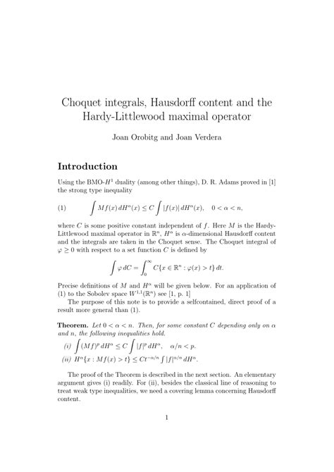Pdf Choquet Integrals Hausdorff Content And The Hardy Littlewood